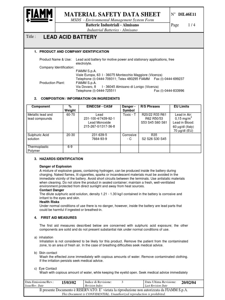 UN 2794 MSDS Vented (Material Safety Data Sheet) | PDF | Lead ...