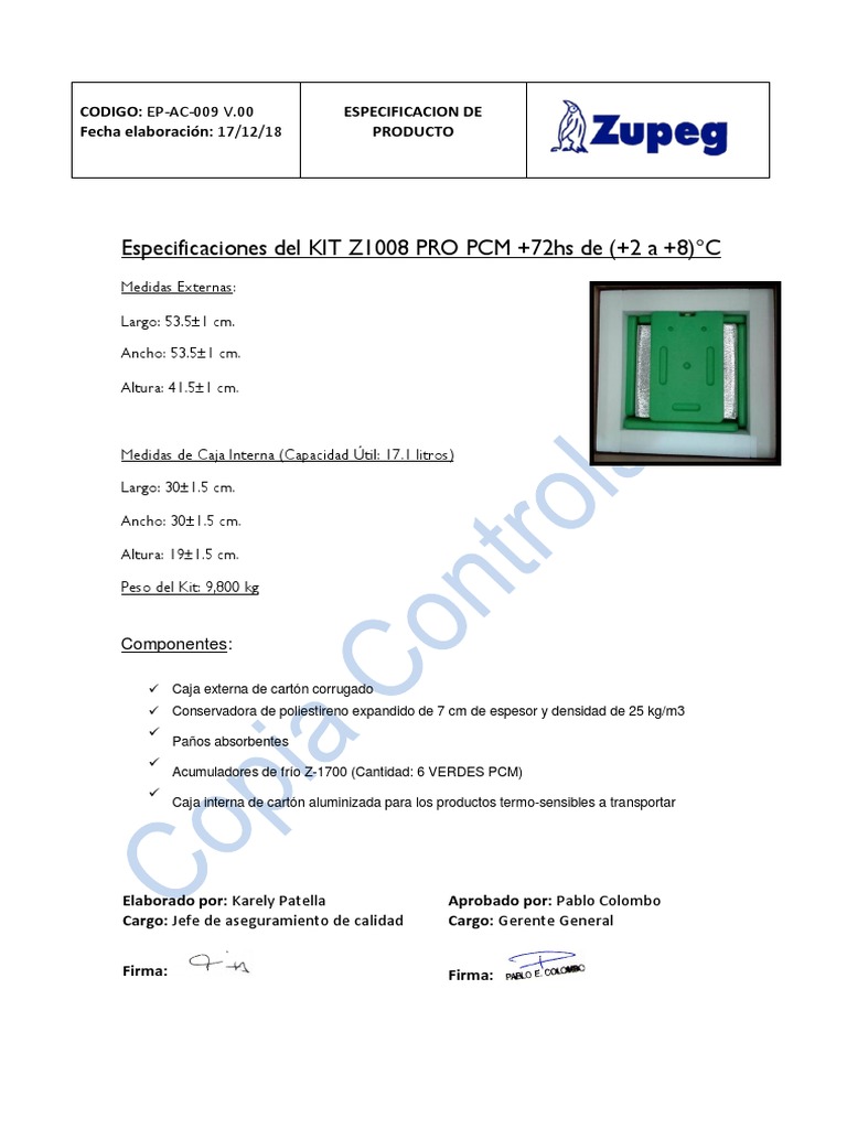 Especificaciones Del KIT Z1008 PRO PCM +72hs de (+2 A +8) °C | PDF ...