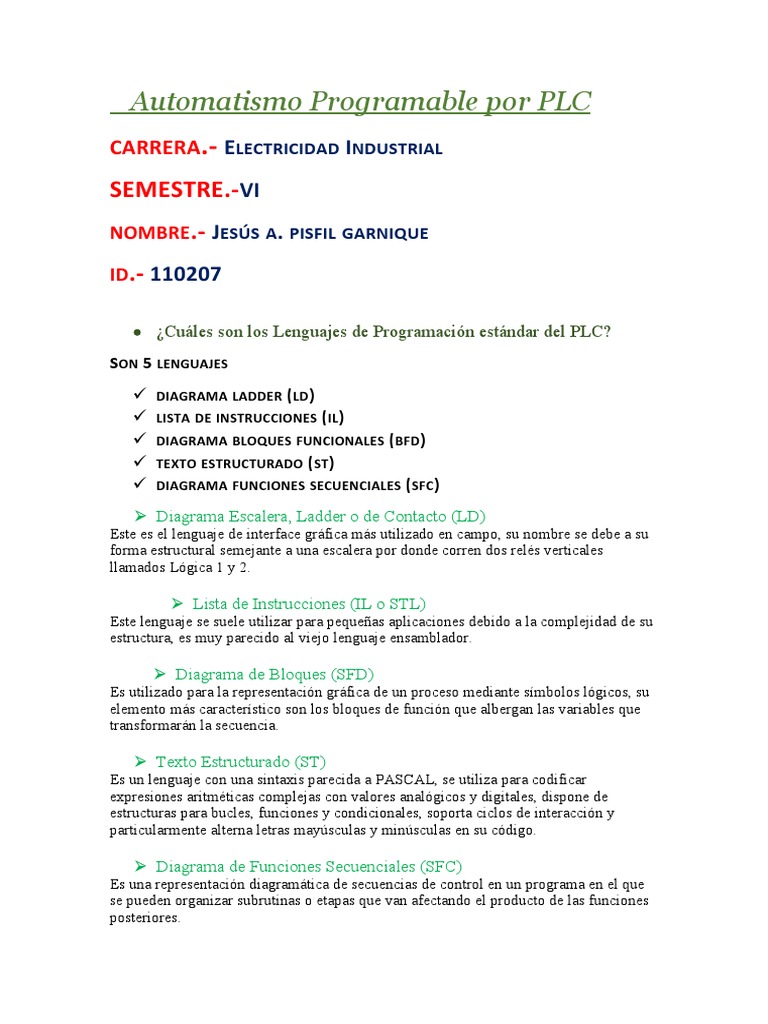 Programación básica de PLC mediante lenguajes ladder y funciones | PDF ...