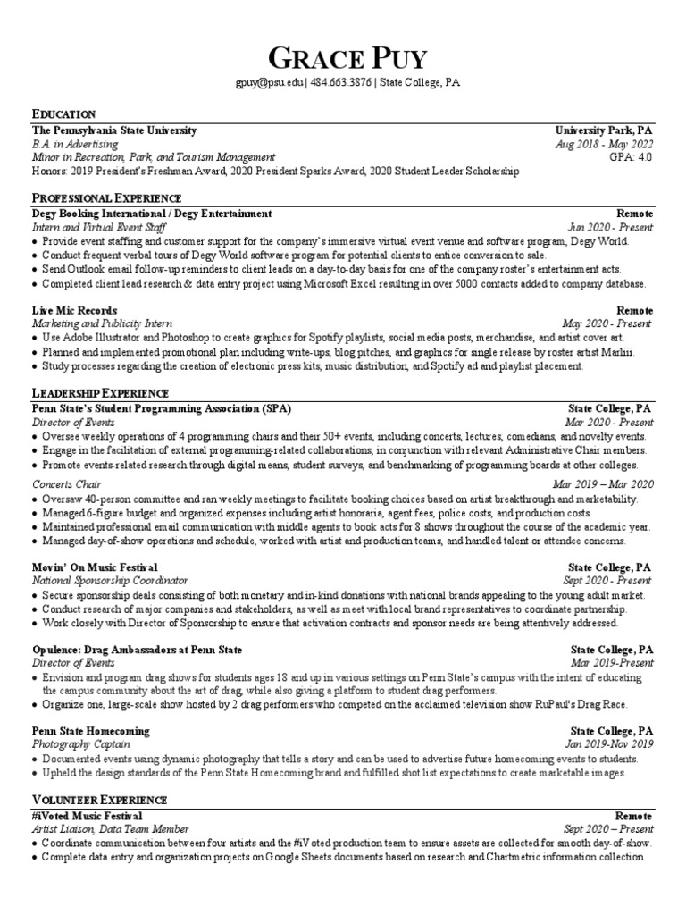Grace Puy Oct 2020 Resume | PDF | Pennsylvania State University | Brand