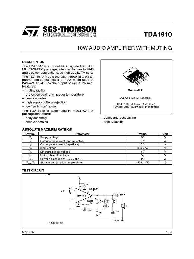 TDA1910 Datasheet PDF | PDF | Telecommunications Engineering | Electrical Engineering