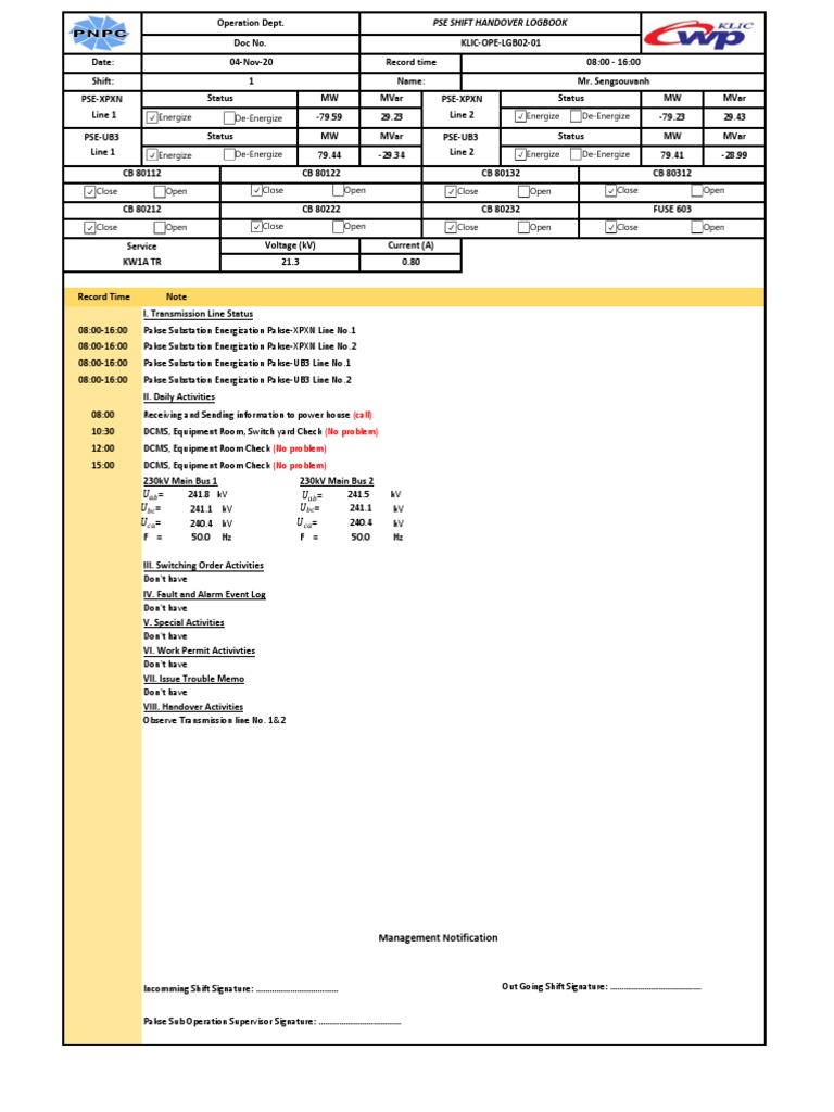 04-November-2020 Shift A Logbook Operator Pakse | PDF | Electrical ...