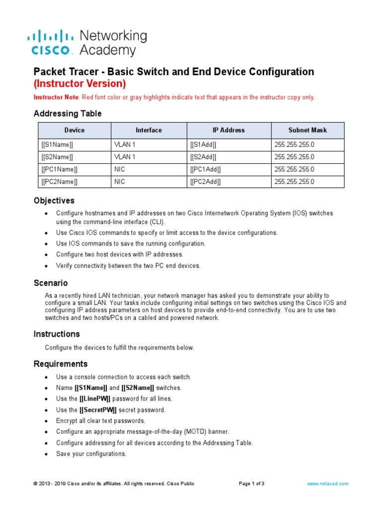 2.9.1 Packet Tracer - Basic Switch and End Device Configuration - ILM | PDF | Network Protocols ...