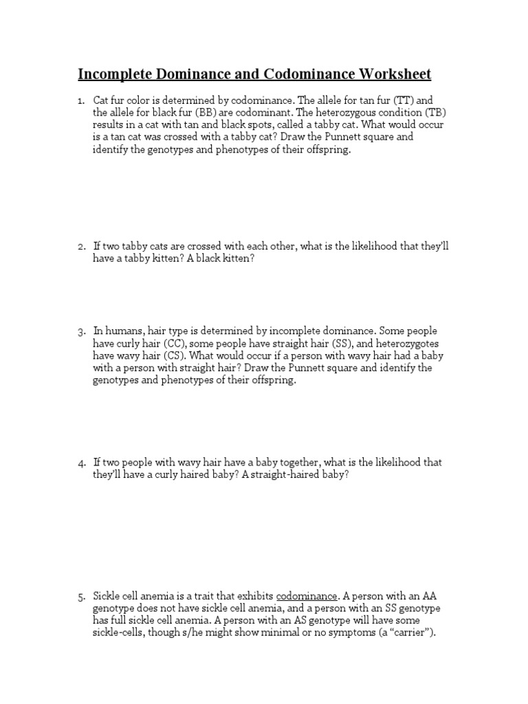 Incomplete and Codominance Worksheet | PDF | Dominance (Genetics ...