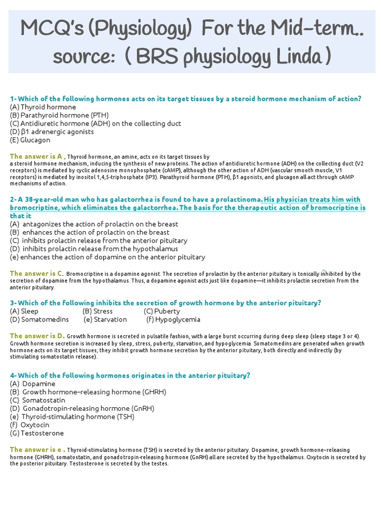 MCQ Physiology Mid - Sarah Alsalman PDF | PDF | Thyroid Stimulating Hormone | Thyroid
