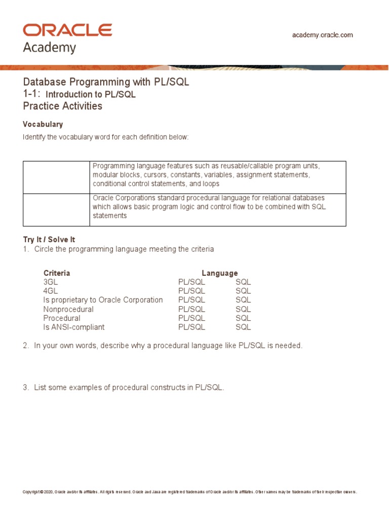 Database Programming With PL/SQL 1-1: Practice Activities | Download Free PDF | Pl/Sql | Sql