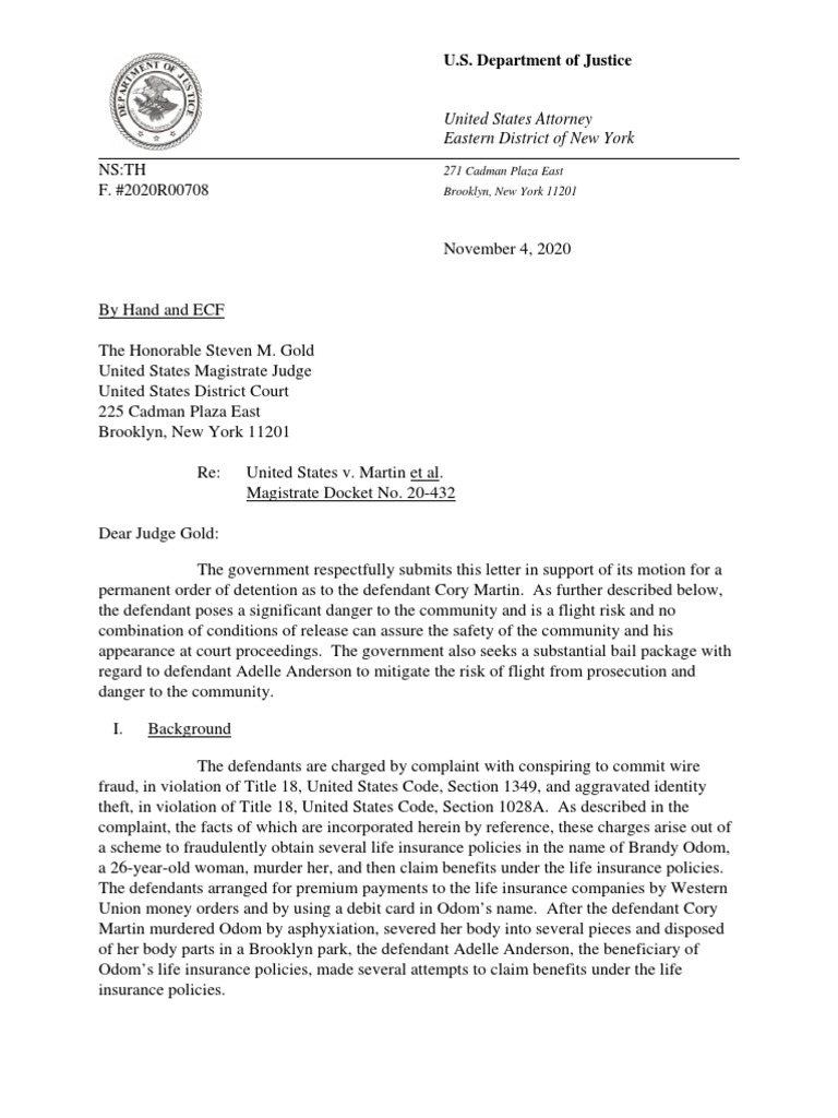 Cory Martin Detention Letter | PDF | Bail | Remand (Detention)