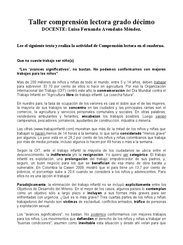 Taller Comprensión Lectora Grado 10 Pdf Trabajo Infantil Trata De