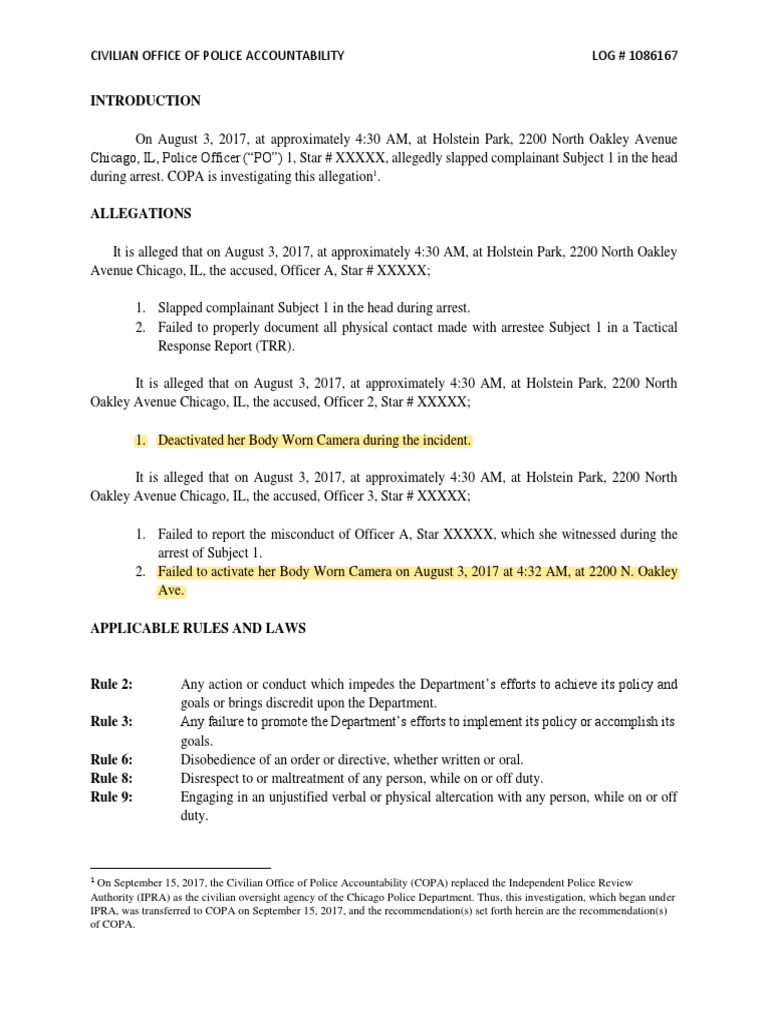 Body Cam COPA Documents | PDF | Use Of Force | Chicago Police Department