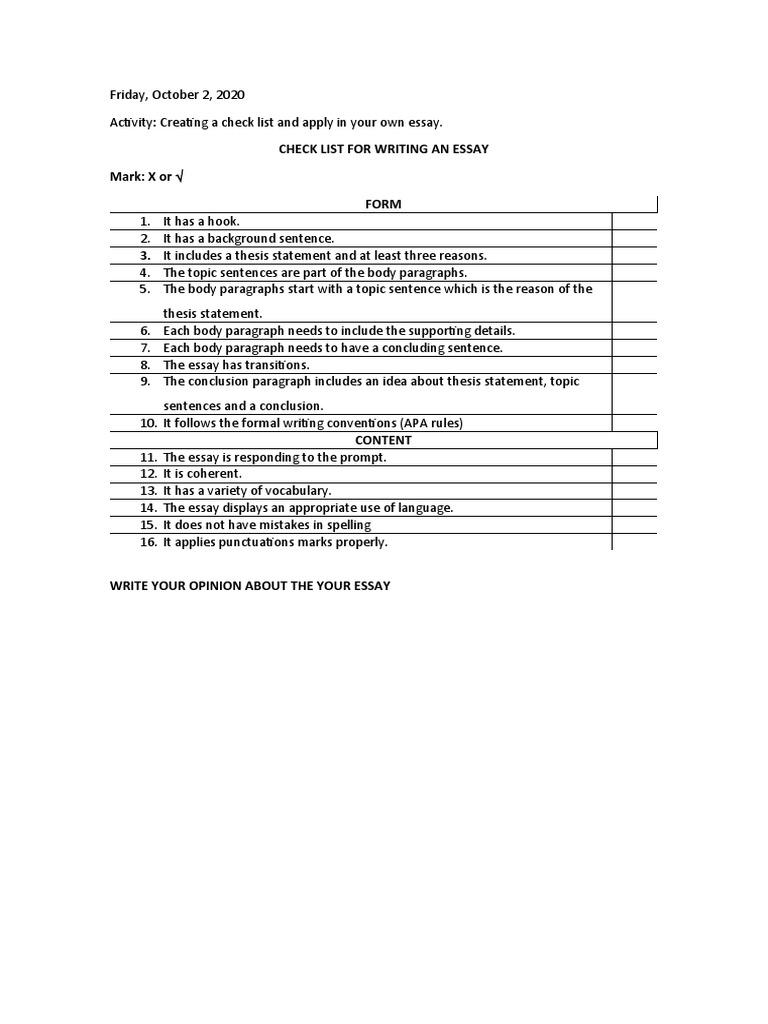 Essential Essay Writing Checklist | PDF | Career & Growth | Language ...