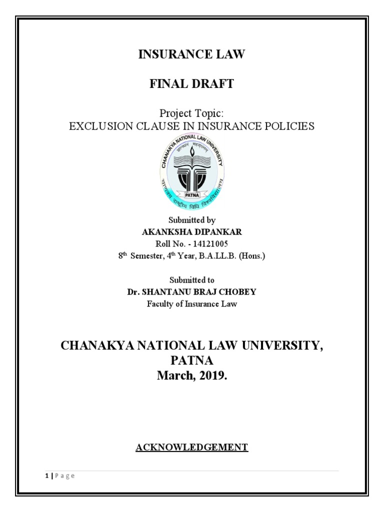 Insurance Law Final Draft: Project Topic: Exclusion Clause in Insurance ...