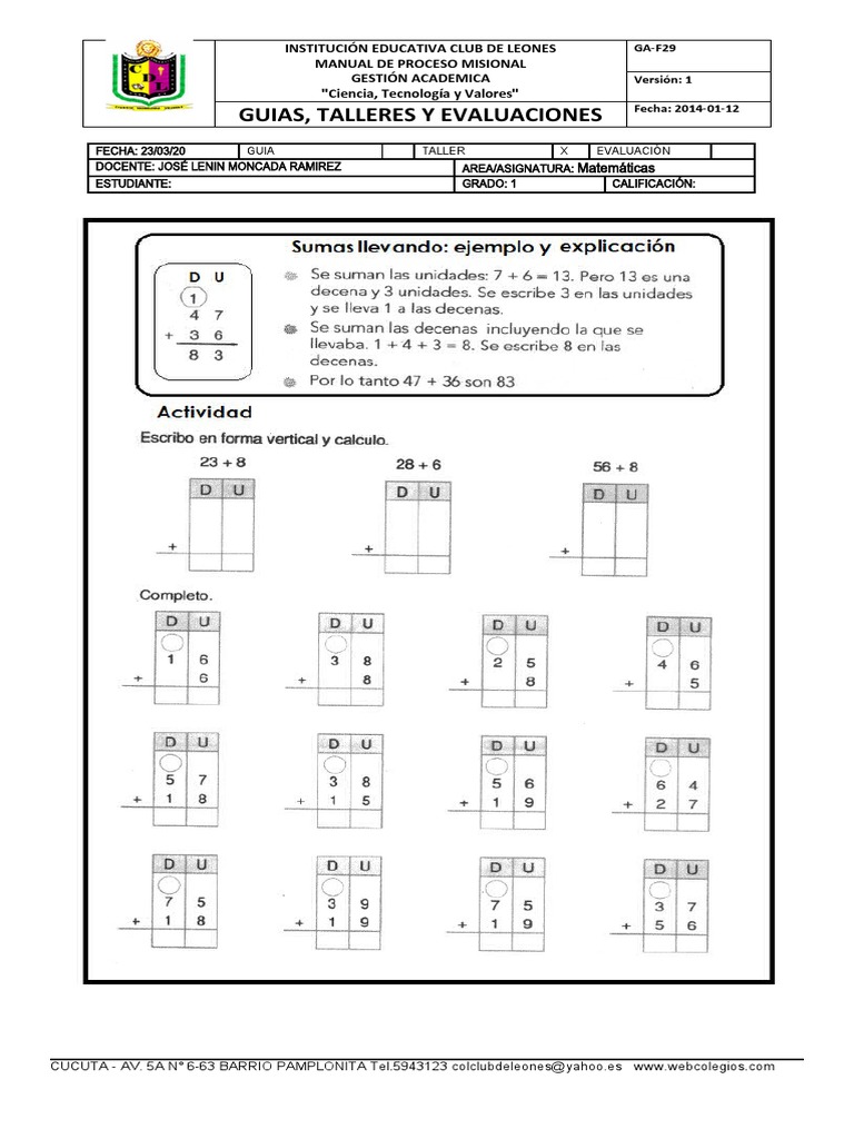 Taller Matematicas - Sumas Llevando-Restas Prestando-Problemas - 2da ...