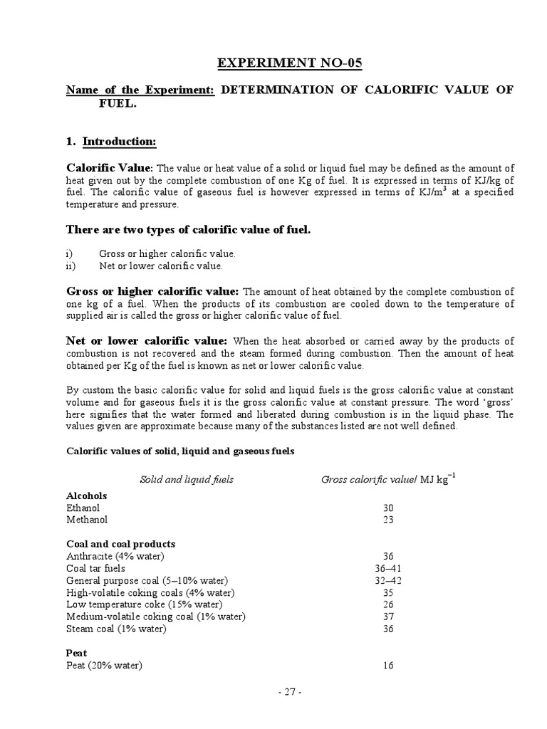 Experiment No-05: Name of The Experiment: Determination of Calorific ...