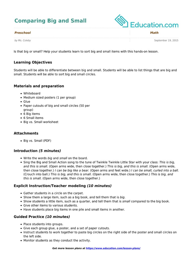 Comparing Big and Small: Learning Objectives | PDF | Lesson Plan ...