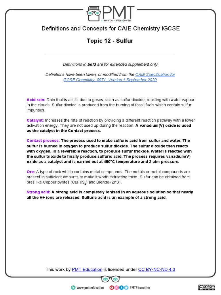 Definitions - Topic 12 Sulfur - CAIE Chemistry IGCSE PDF | PDF