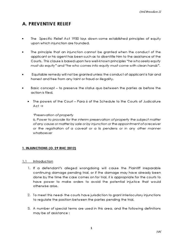 A. Preventive Relief: 1. INJUNCTIONS (O. 29 RHC 2012) | PDF | Injunction | Equity (Law)