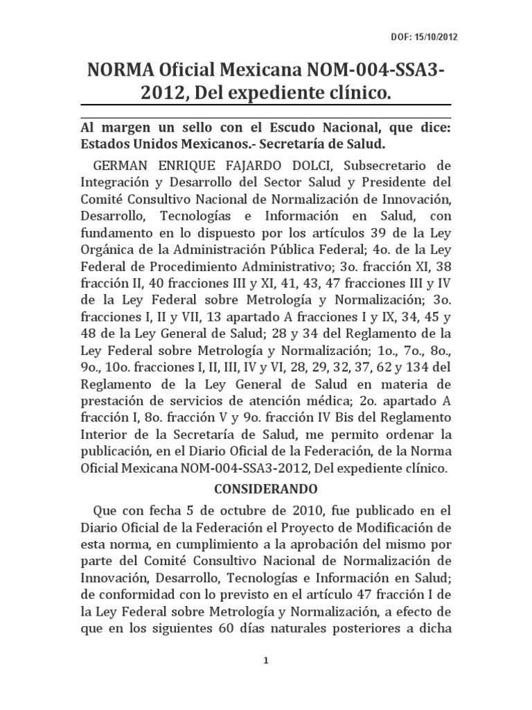 Nom 004 Del Expediente Clinico | PDF | Historial médico | Consentimiento informado