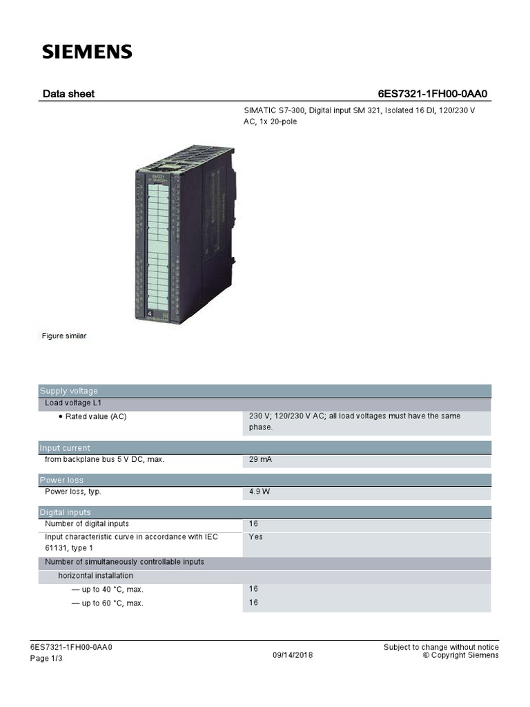 Data Sheet 6ES7321-1FH00-0AA0: Supply Voltage | PDF