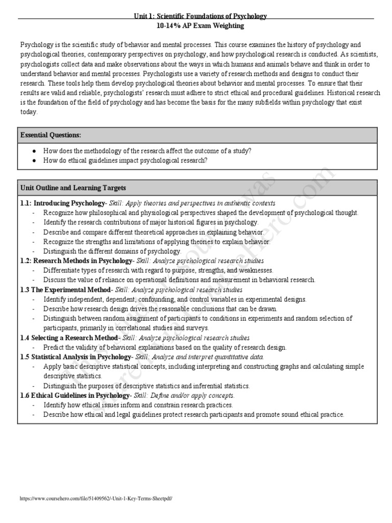 Unit 1 Key Terms Sheet PDF | Download Free PDF | Psychology | Experiment