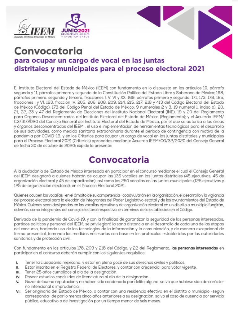 Convocatoria Concurso Vocal Distrital o Municipal IEEM | PDF | Prueba (evaluación) | Elecciones