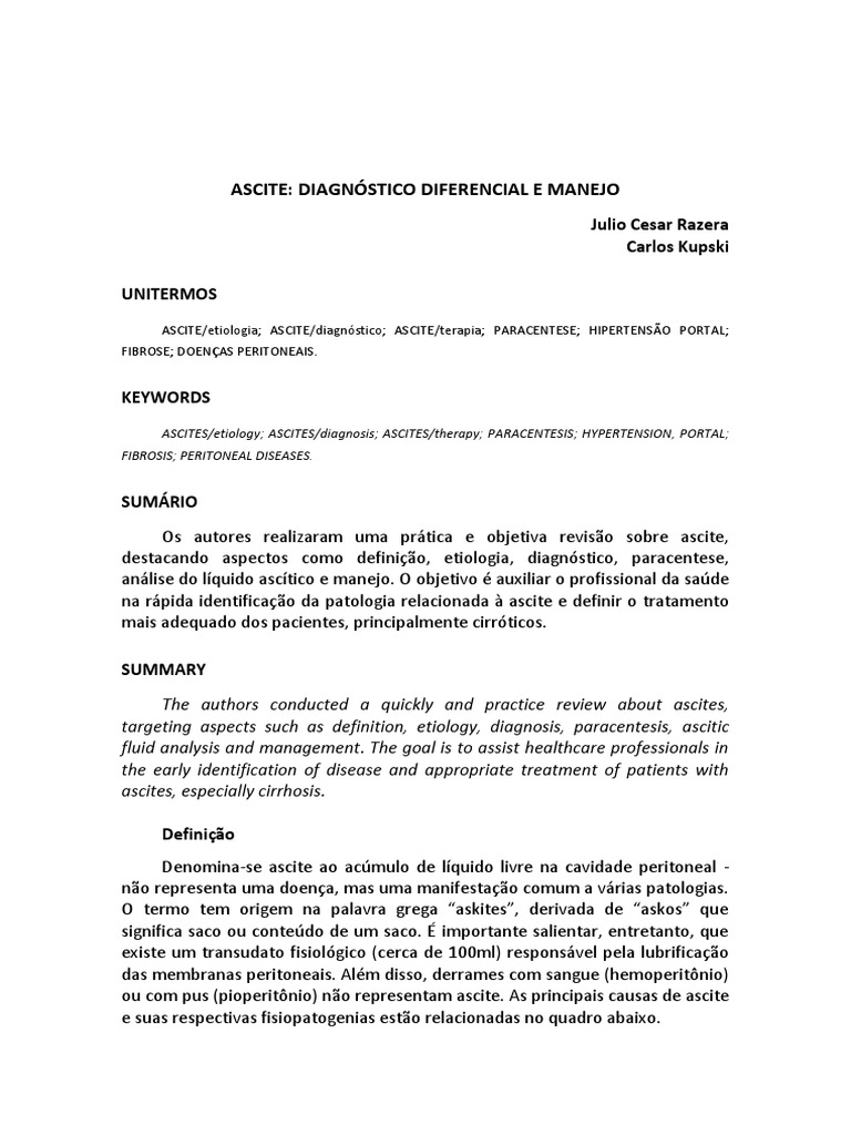 Diagnóstico e Manejo da Ascite | PDF | Fisiologia | Medicina Clínica