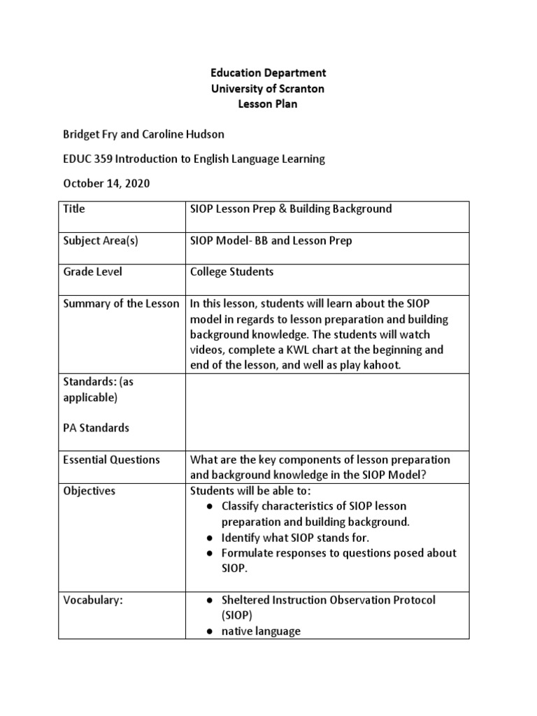 Educ 359 Ell Lesson Plan Siop Lesson Prep Building Background | PDF ...