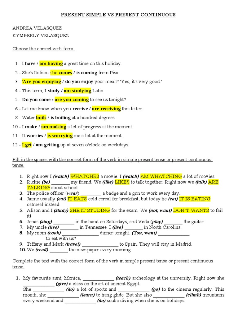 Present Simple vs Continuous Exercises | PDF | Language Arts & Discipline