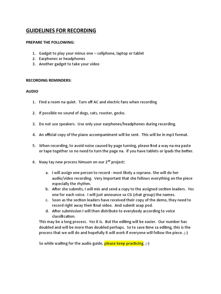 Guidelines For Recording: Prepare The Following | PDF | Recording ...