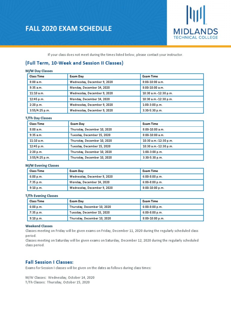 Fall 2020 Exam Schedule | Download Free PDF | Workweek And Weekend | Sports