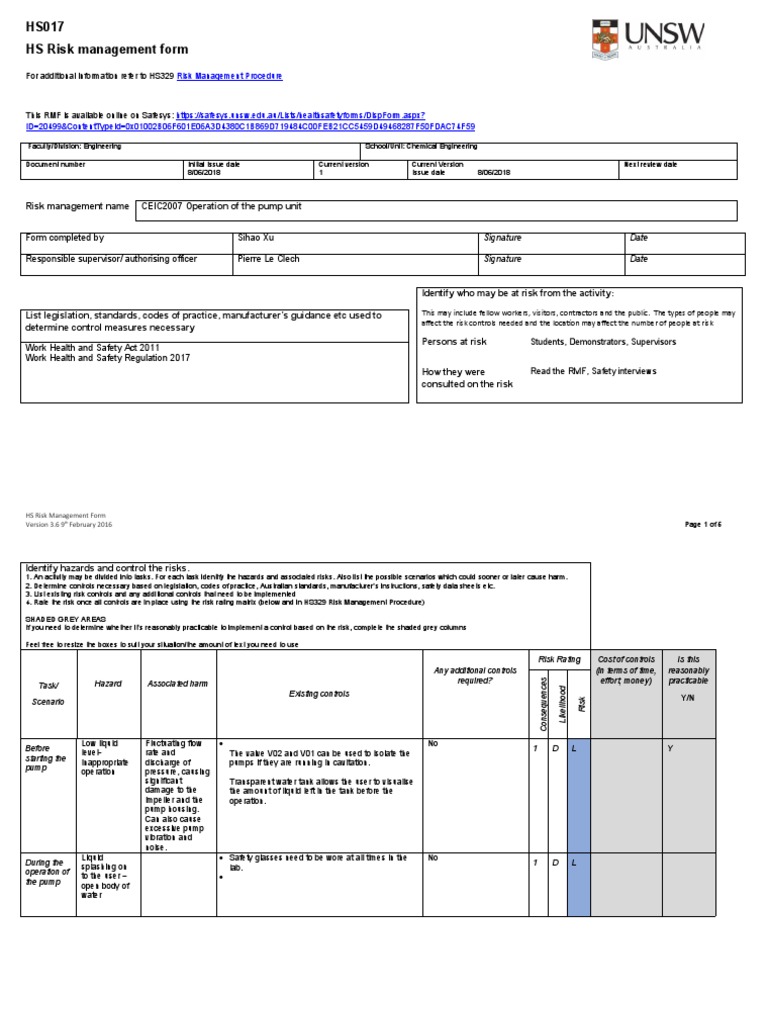 HS017 - Risk - Management - Form - Pump Unit | PDF | Risk | Risk Management