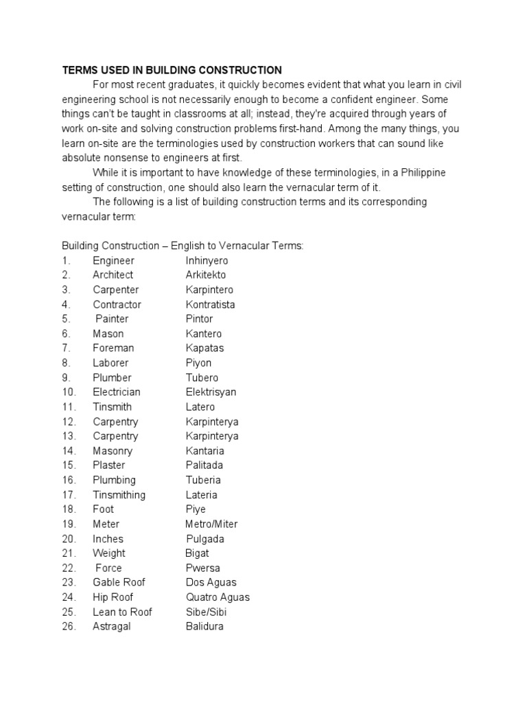 Terms Used in Building Construction | PDF | Varnish | Beam (Structure)
