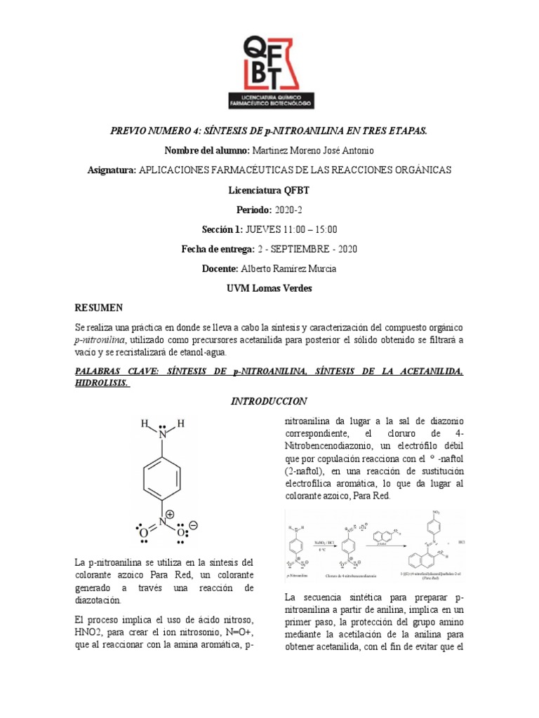 PREVIO NUMERO 4 SÍNTESIS DE p-NITROANILINA EN TRES ETAPAS | PDF | Ácido ...