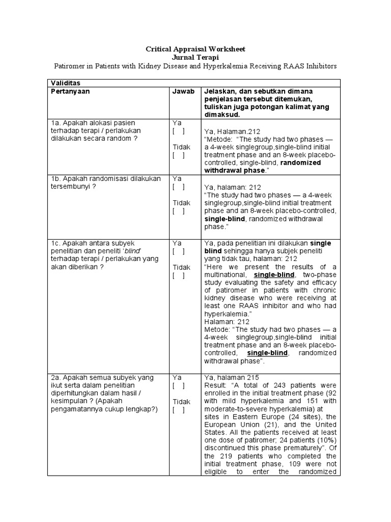 Critical Appraisal Worksheet | PDF | Internal Medicine | Organ (Anatomy)