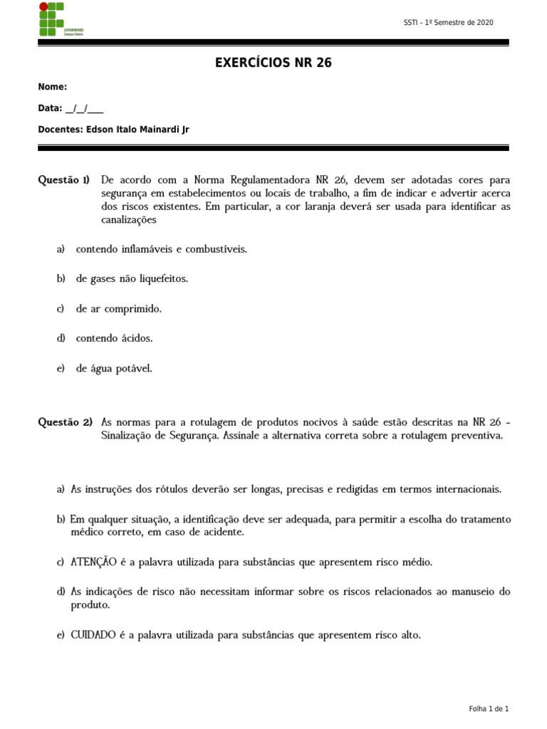 Exercícios sobre NR 26 e Sinalização | PDF | Vermelho | Cor