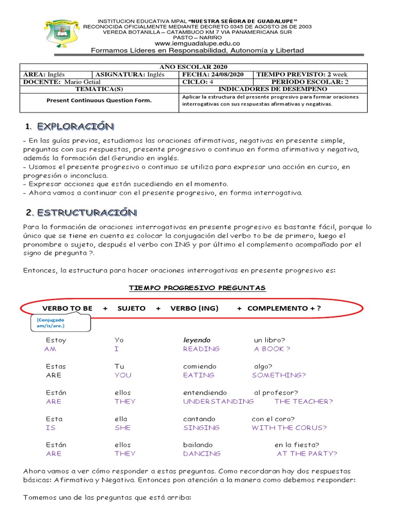 Guia 10 Presente Progresivo Questions | PDF | Verbo | Sintaxis