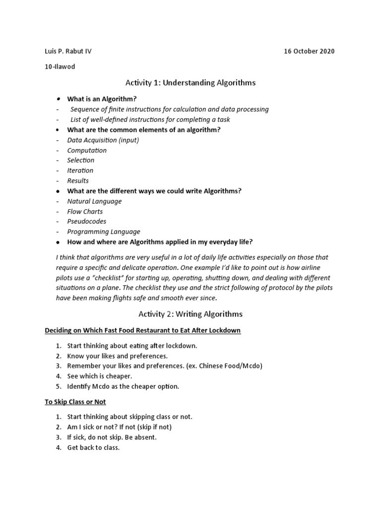 Activity 1: Understanding Algorithms: Deciding On Which Fast Food ...