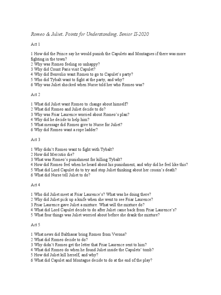 Romeo Juliet Points For Understanding | PDF