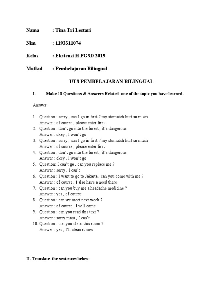 UTS PEMBELAJARAN BILINGUAL Tina Tri Lestari | PDF