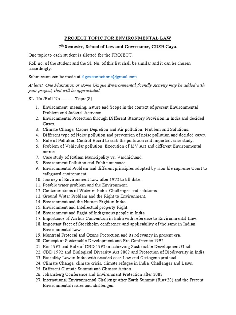 Environmental Law Project Topics | PDF | Environmental Protection ...