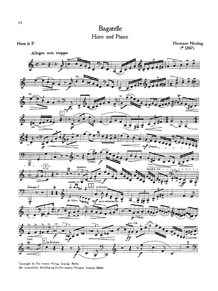 Idoc - Pub - Hermann Neuling Bagatelle For Low Horn and Piano PDF | PDF