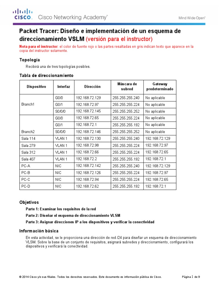 9.2.1.5 Packet Tracer - Designing and Implementing A VLSM Addressing Scheme Instruct IG | PDF ...