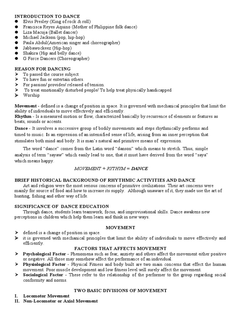 Introduction To Dance | PDF | Dances | Anatomical Terms Of Motion