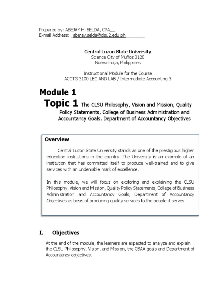 Module 1 - CLSU Philosophy, Vision and Mission, Quality Policy ...