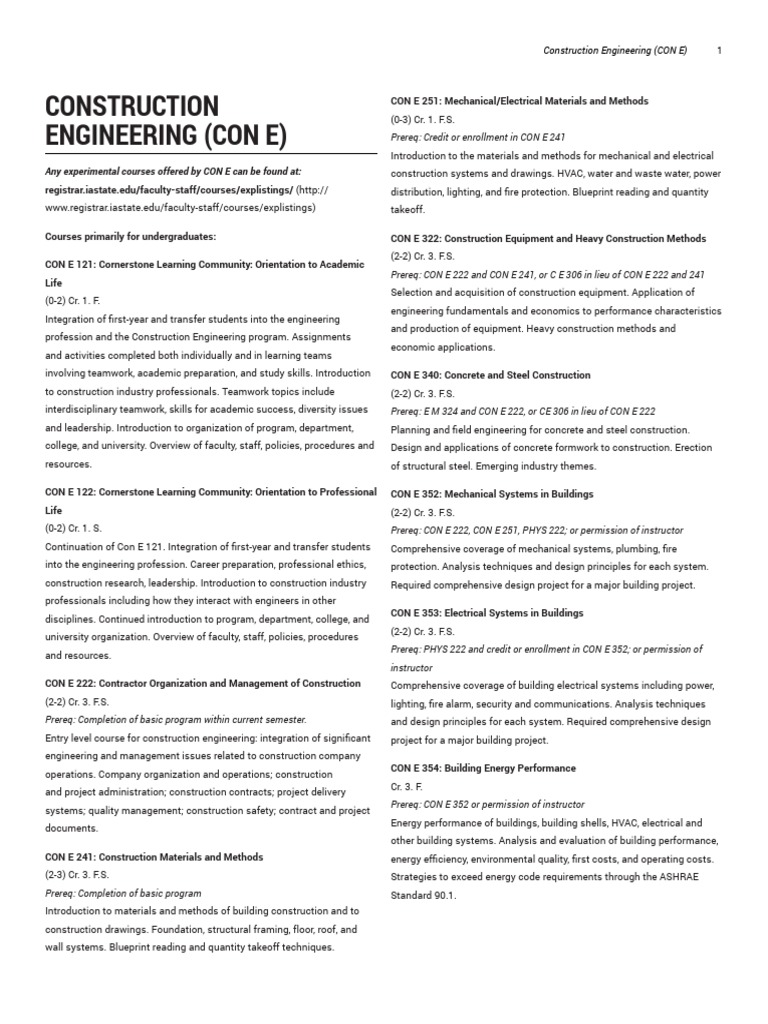 Construction Engineering (Con E) : Any Experimental Courses Offered by ...