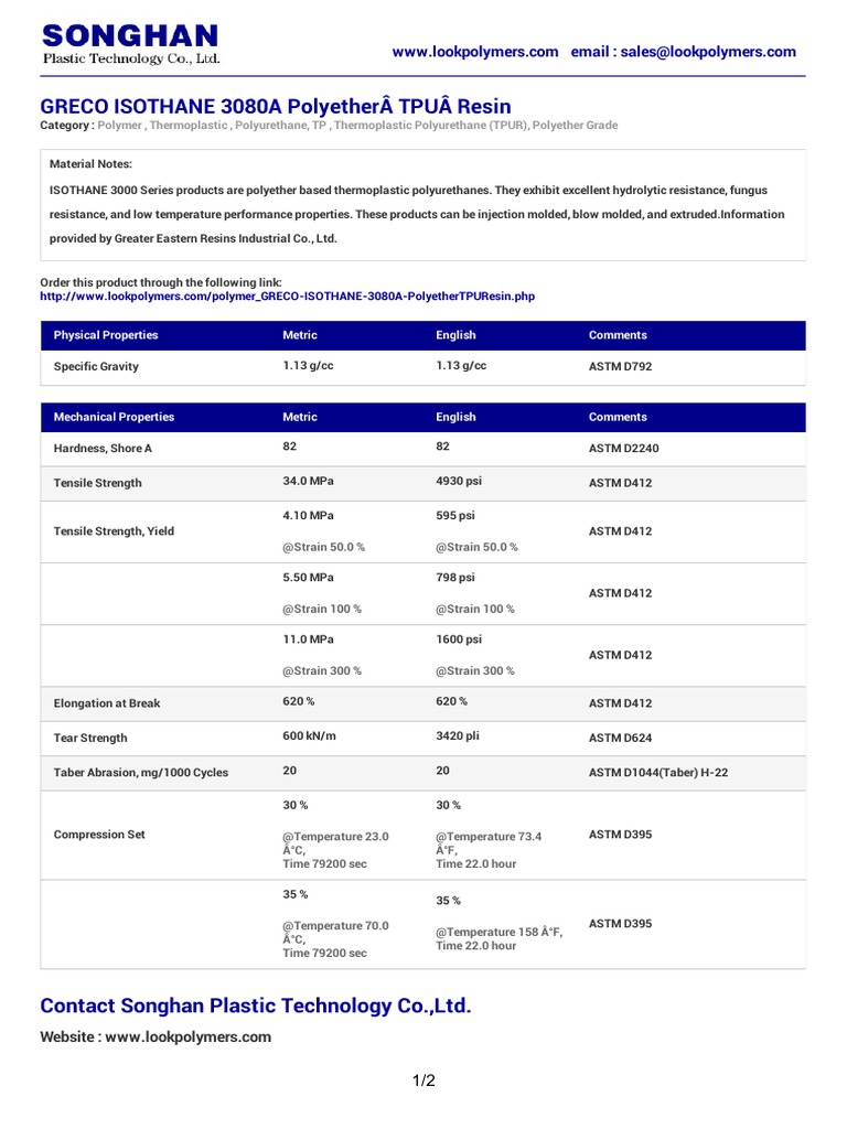 GRECO ISOTHANE 3080A PolyetherTPUResin | PDF | Thermoplastic | Polyurethane