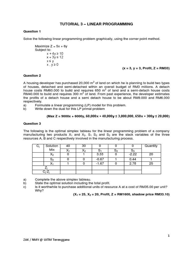 Tutorial 3 | Download Free PDF | Linear Programming | Applied Mathematics