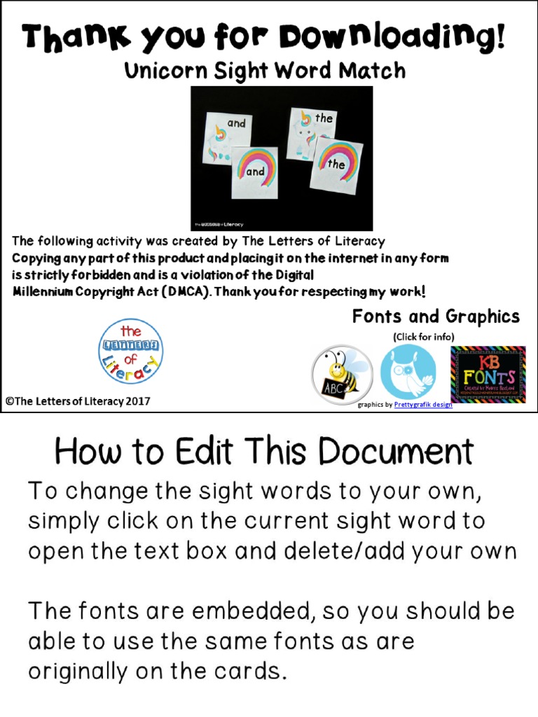 Unicorn Sight Word Match | PDF