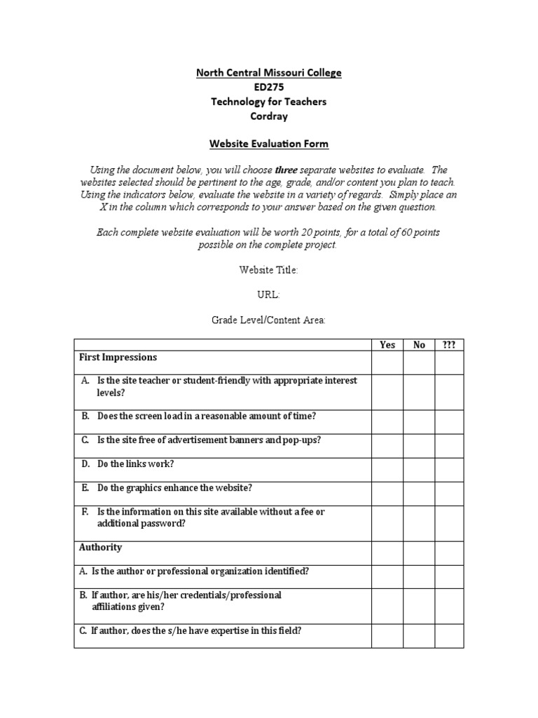 Website Evaluation Form for Educators | PDF
