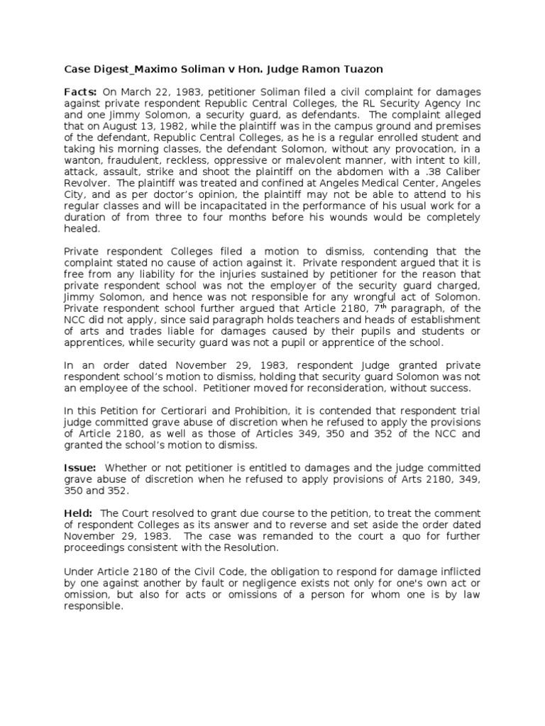 Case Digest - Soliman V Tuazon | PDF | Complaint | Negligence