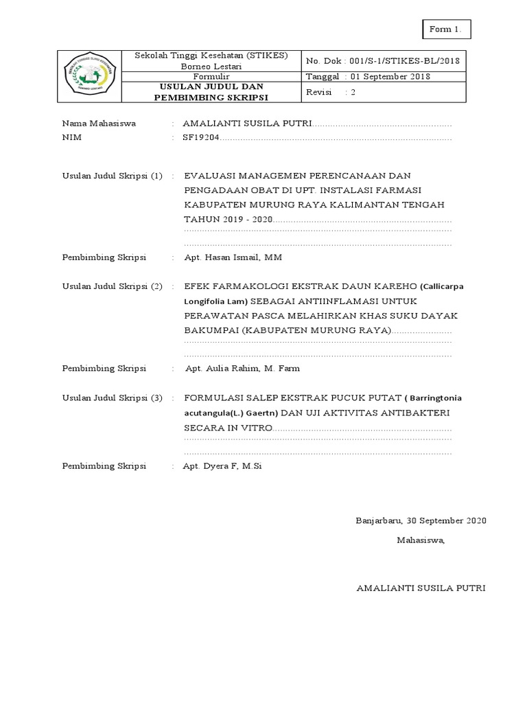 Form 1. Formulir Usulan Judul Dan Pembimbing Skripsi 2020 | PDF